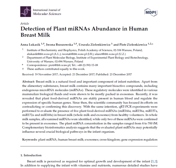 Plant miRNAs in human breast milk